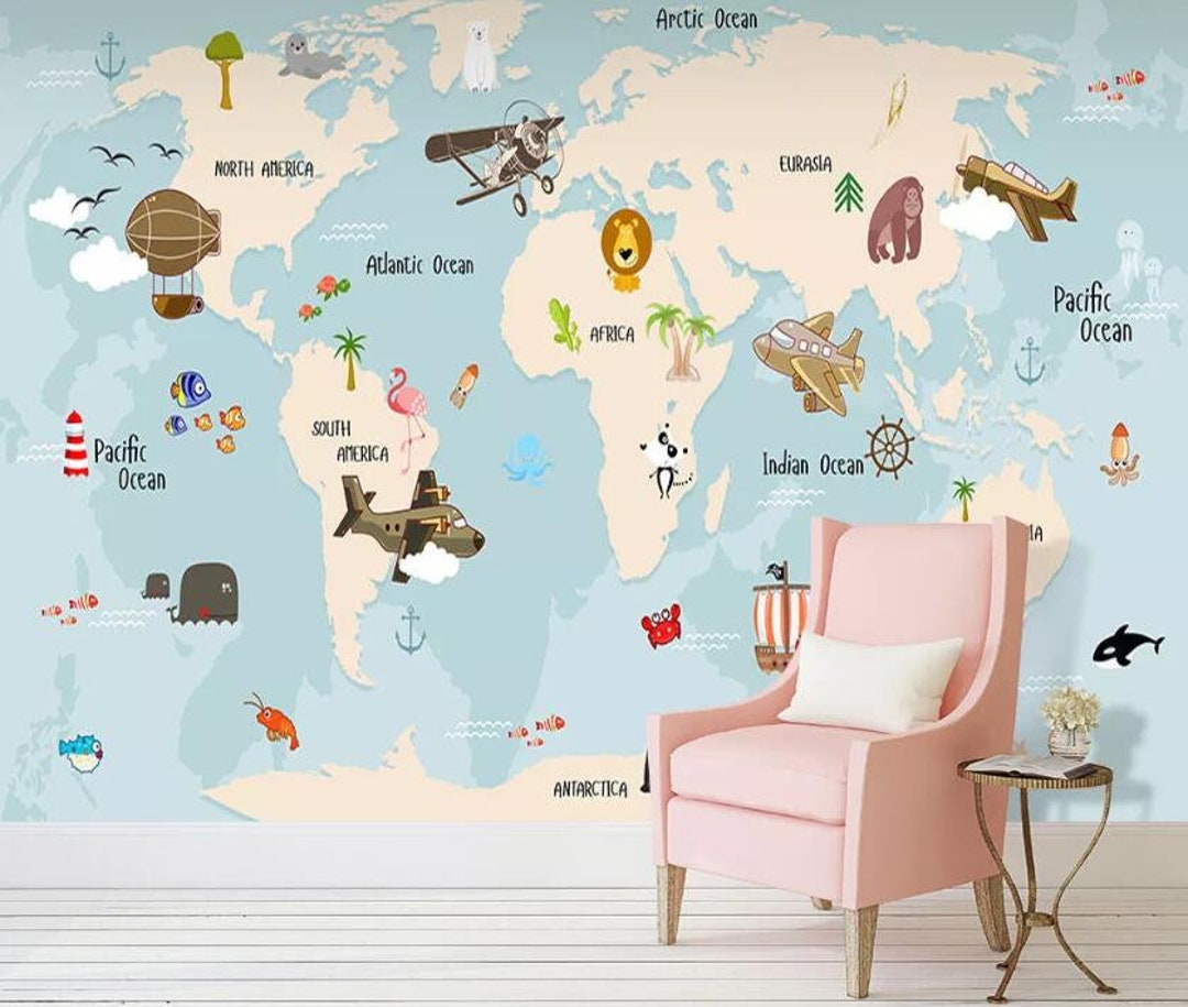 3D Cartoon World Map F45 Removable Wallpaper Self Adhesive Wallpaper ...