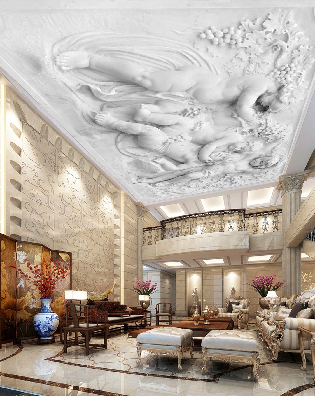 3D White Stone Carving C175 Ceiling Wallpaper Removable Self Adhesive ...