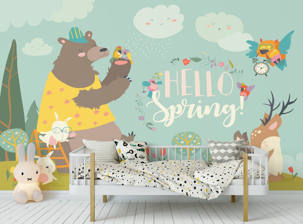 3D Bear Hello Spring A1683 Removable Wallpaper Self Adhesive | Etsy