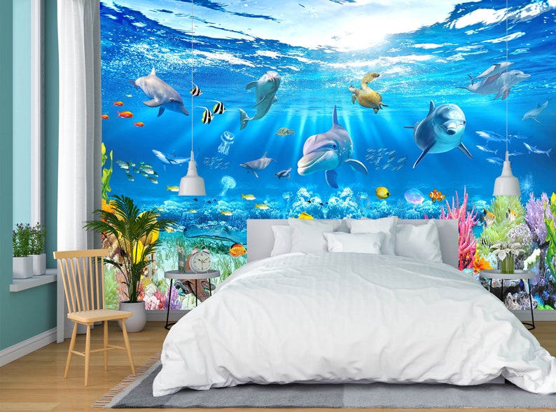 3D Animal Dolphin L1103 Removable Wallpaper Self Adhesive Wallpaper ...