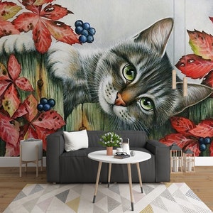3D Cat With Flowers E347 Removable Wallpaper Self Adhesive Wallpaper ...