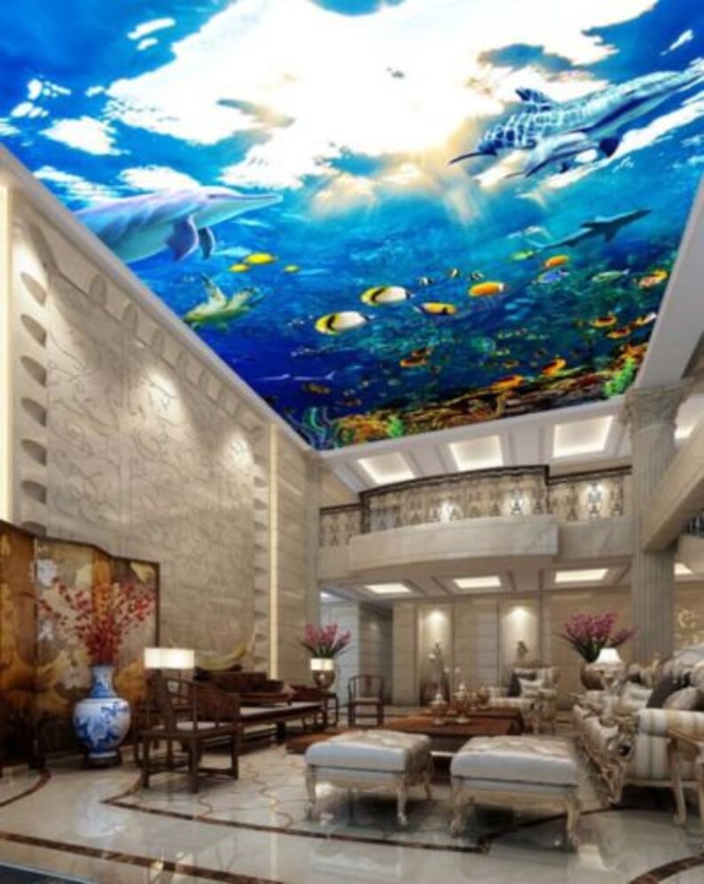 3D Blue Sea Fish CC018 Ceiling Wallpaper Removable Self - Etsy