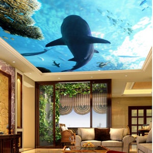 3D Blue Shark CC344 Ceiling Wallpaper Removable Self Adhesive Wallpaper ...