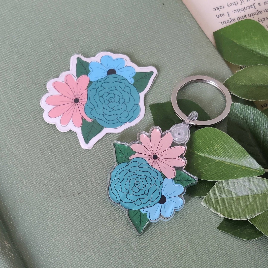 Matching Flower Leafy Keyring and Sticker Bundle Mini Gift Plant Lover ...