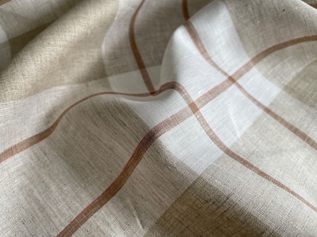 Deadstock Linen Fabric - White Natural Plaid - Weight 4oz/yd2 (135 GSM ...