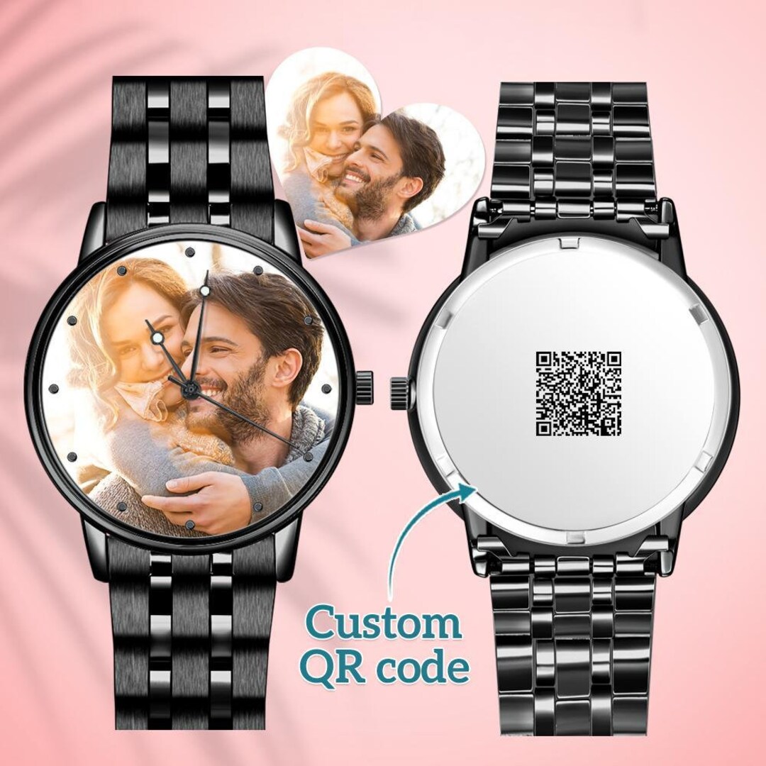 Engraved Men's Black Alloy Bracelet Photo Watch QR Code Watch 38mm Men ...