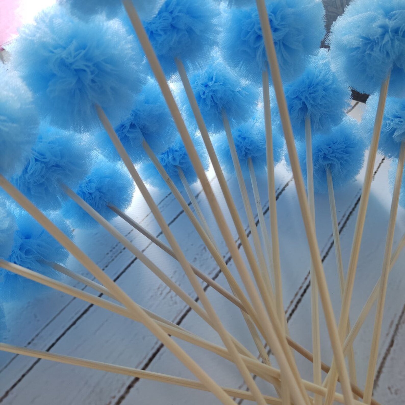 Light Blue Tiny Desk Decor Tulle Pom Pom Bouquet Women Office Decor ...