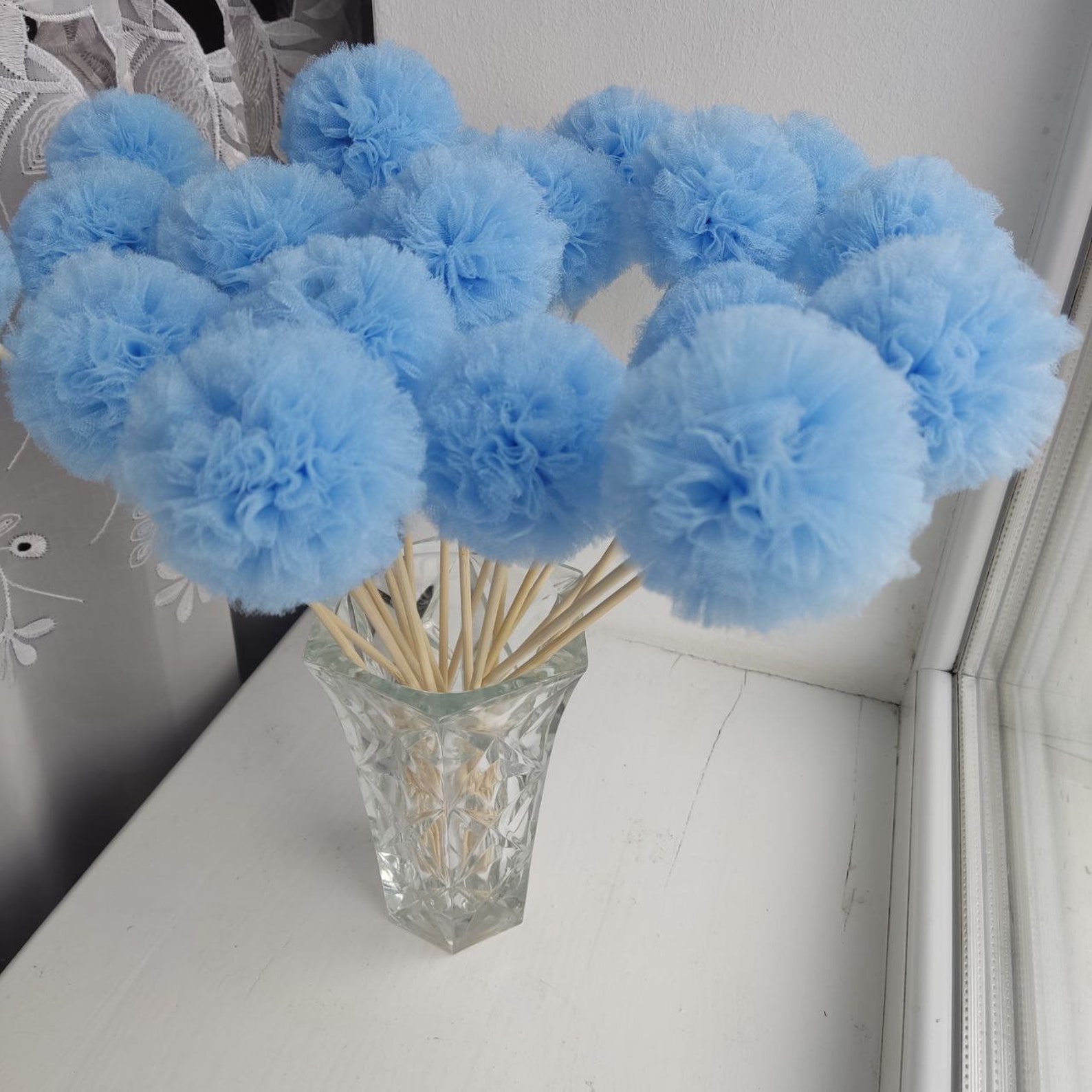 Light Blue Tiny Desk Decor Tulle Pom Pom Bouquet Women Office Decor ...