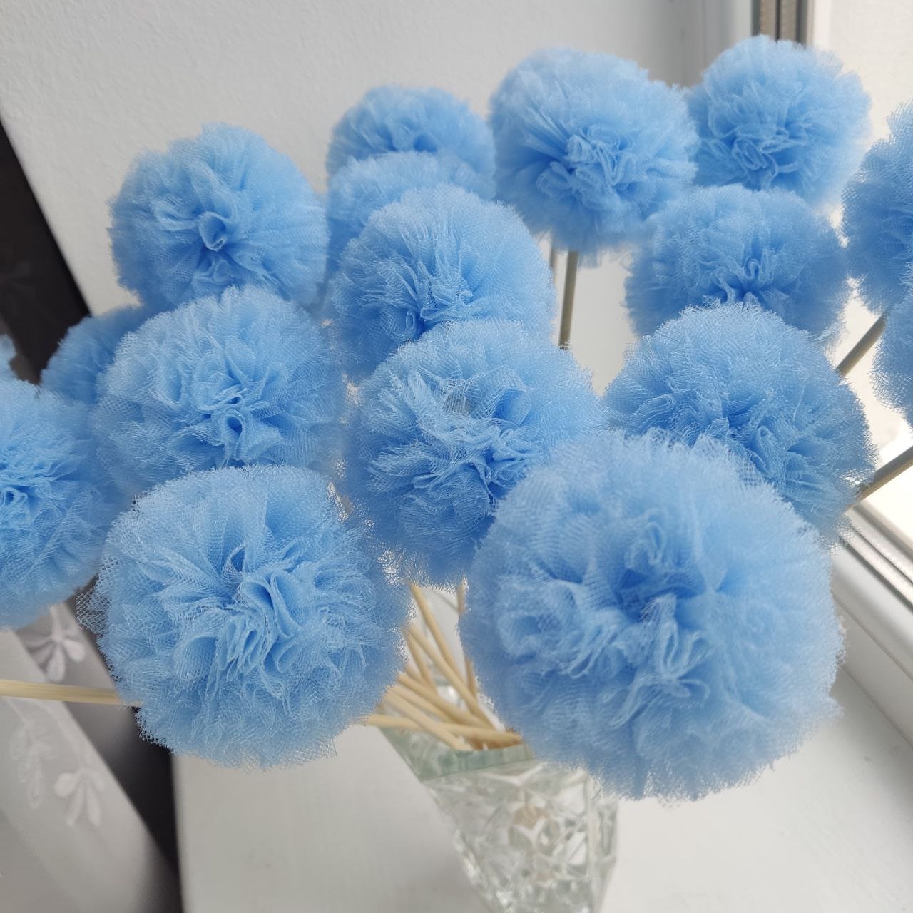 Light Blue Tulle Pom Pom Bouquet Pompom on Stick 3" Centerpiece ...