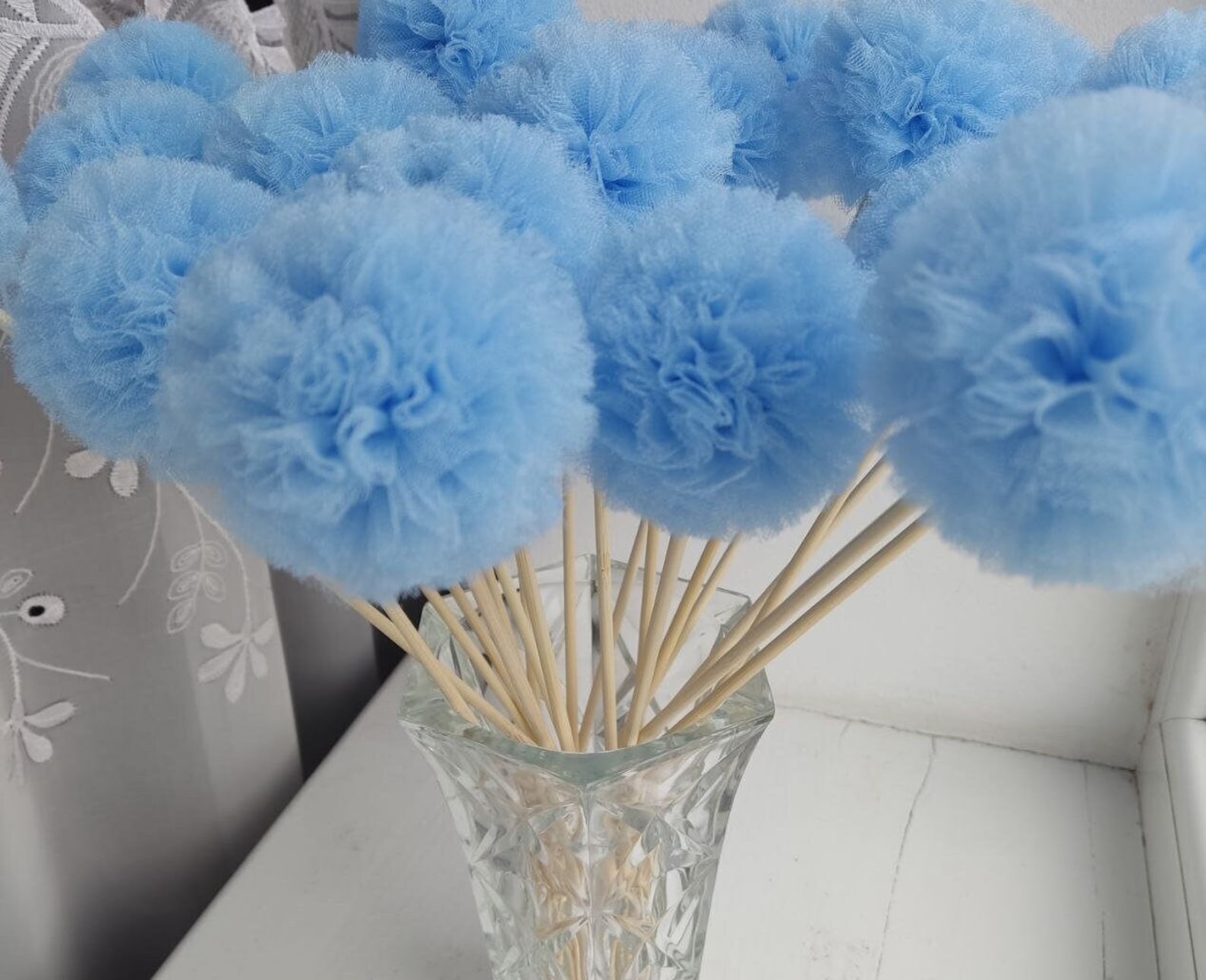 Light Blue Tiny Desk Decor Tulle Pom Pom Bouquet Women Office Decor ...