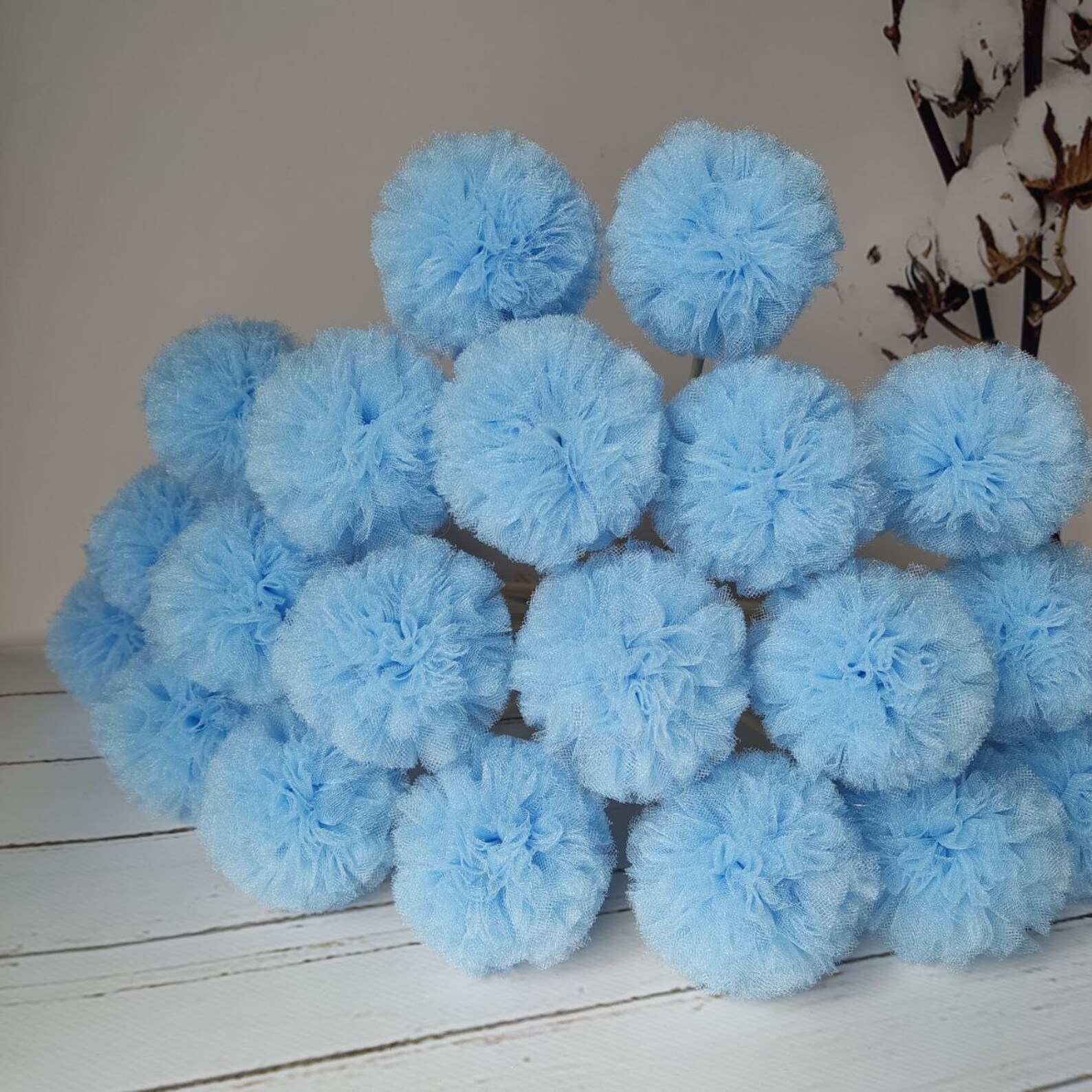Light Blue Tiny Desk Decor Tulle Pom Pom Bouquet Women Office Decor ...