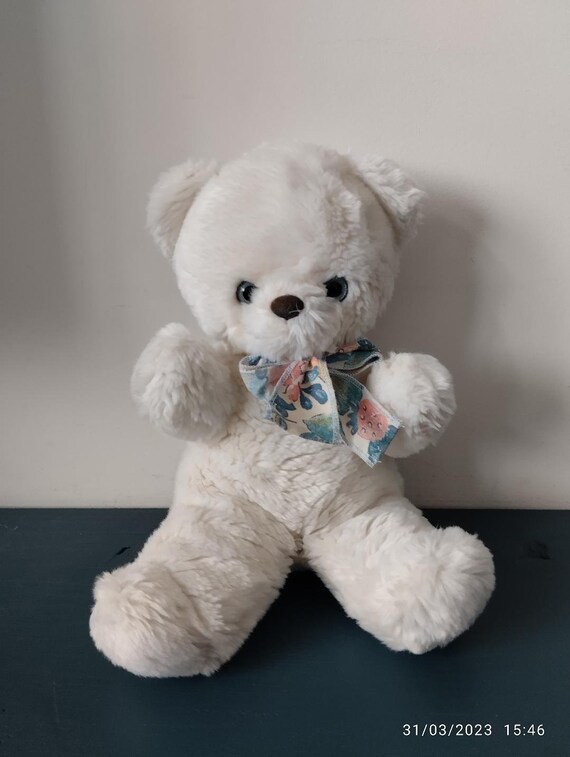 Vintage Cream white Bear Blue Eyes Floral Bow Teddy Bear Made in France Etsy UK