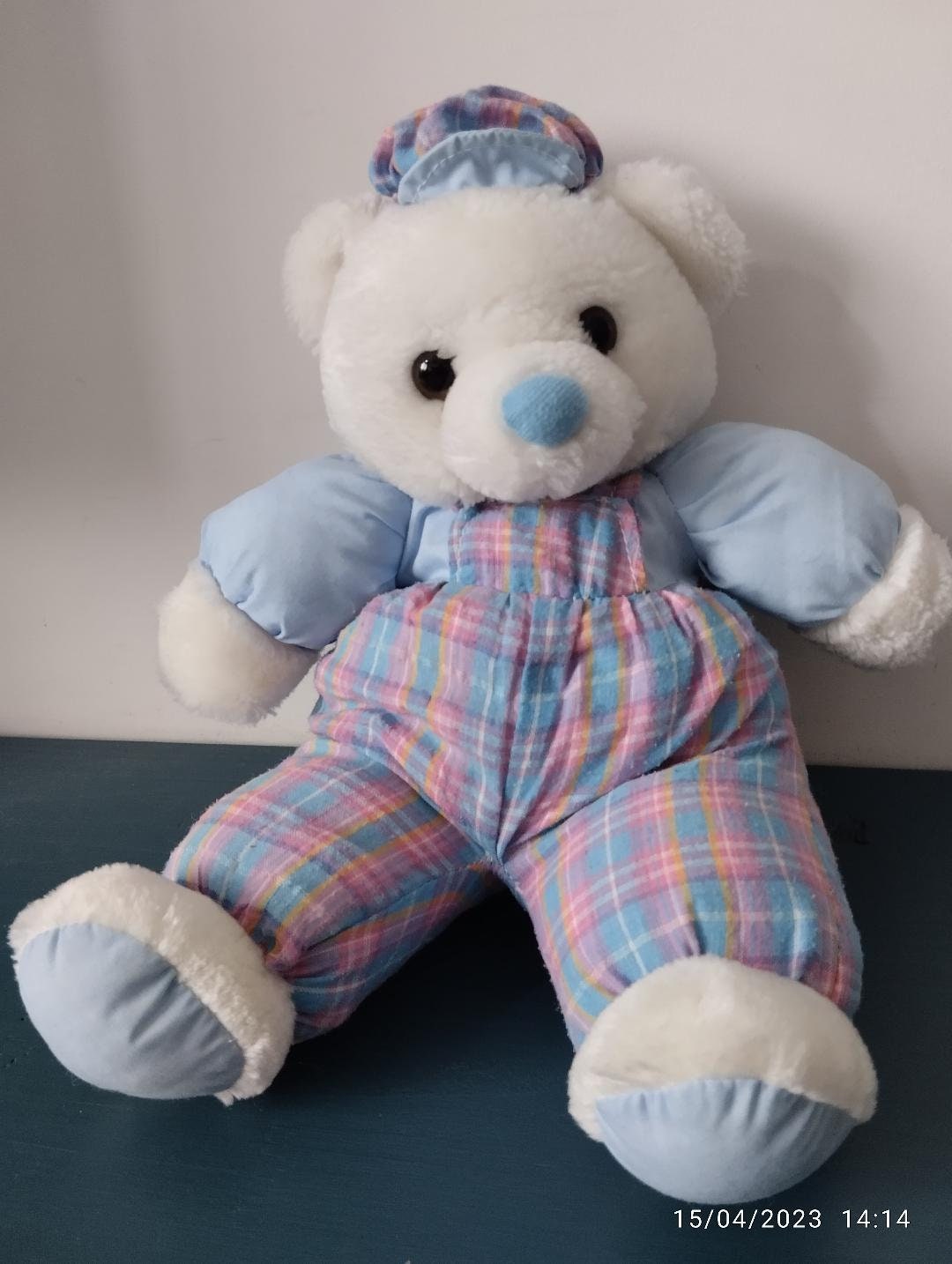 O2/vintage Soft Toy Bear Overalls Madras Blue-pink Cap - Etsy