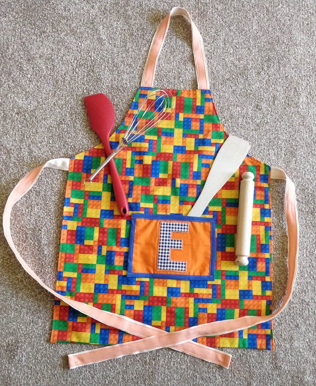 Handmade Building Blocks Child Apron. Personalised Initialled Pocket ...