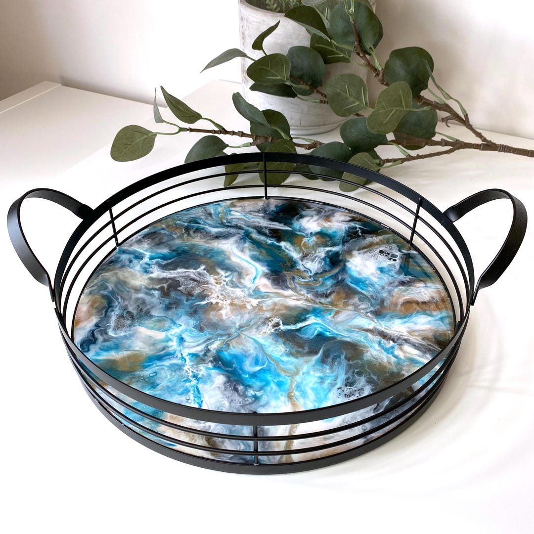 Large Round Resin Serving Tray With Metal Handles, Wooden Ottoman Tray ...