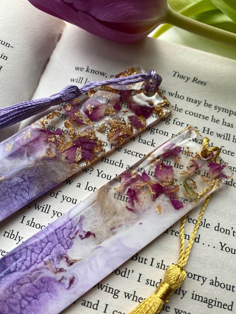 Purple Resin Bookmark With Dried Rose Flowers and Gold Leaf ...