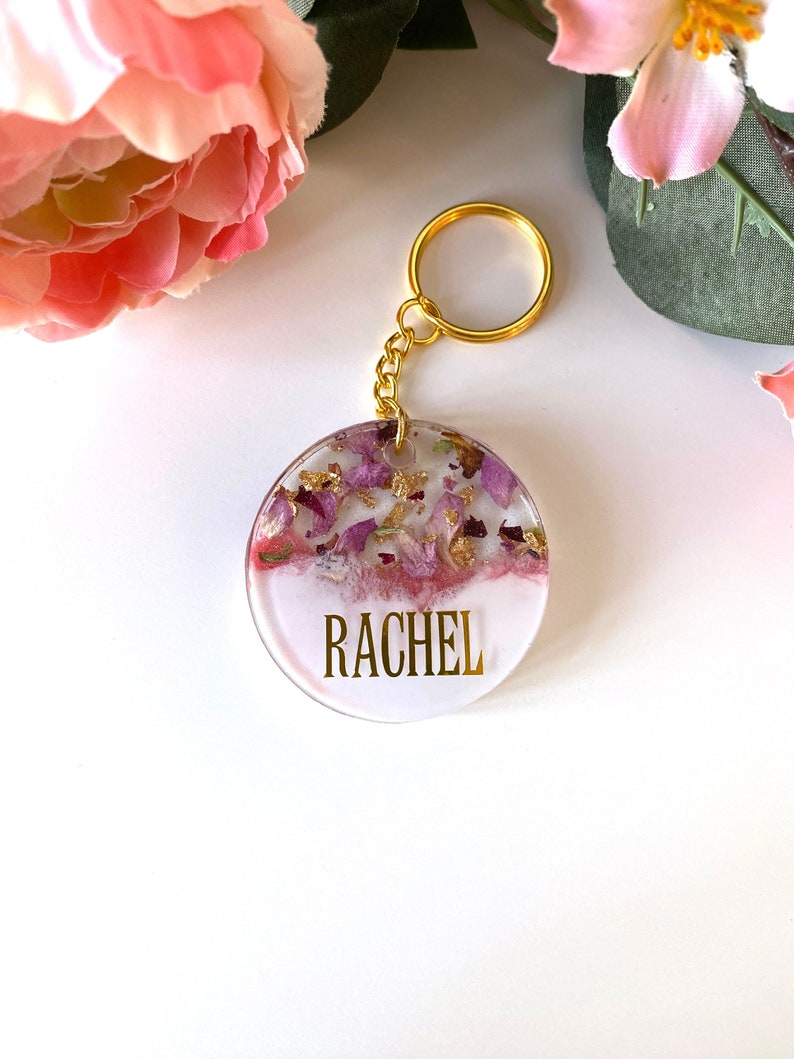 Pink Resin Keyring With Dried Flowers, Personalised Keyring, Custom ...