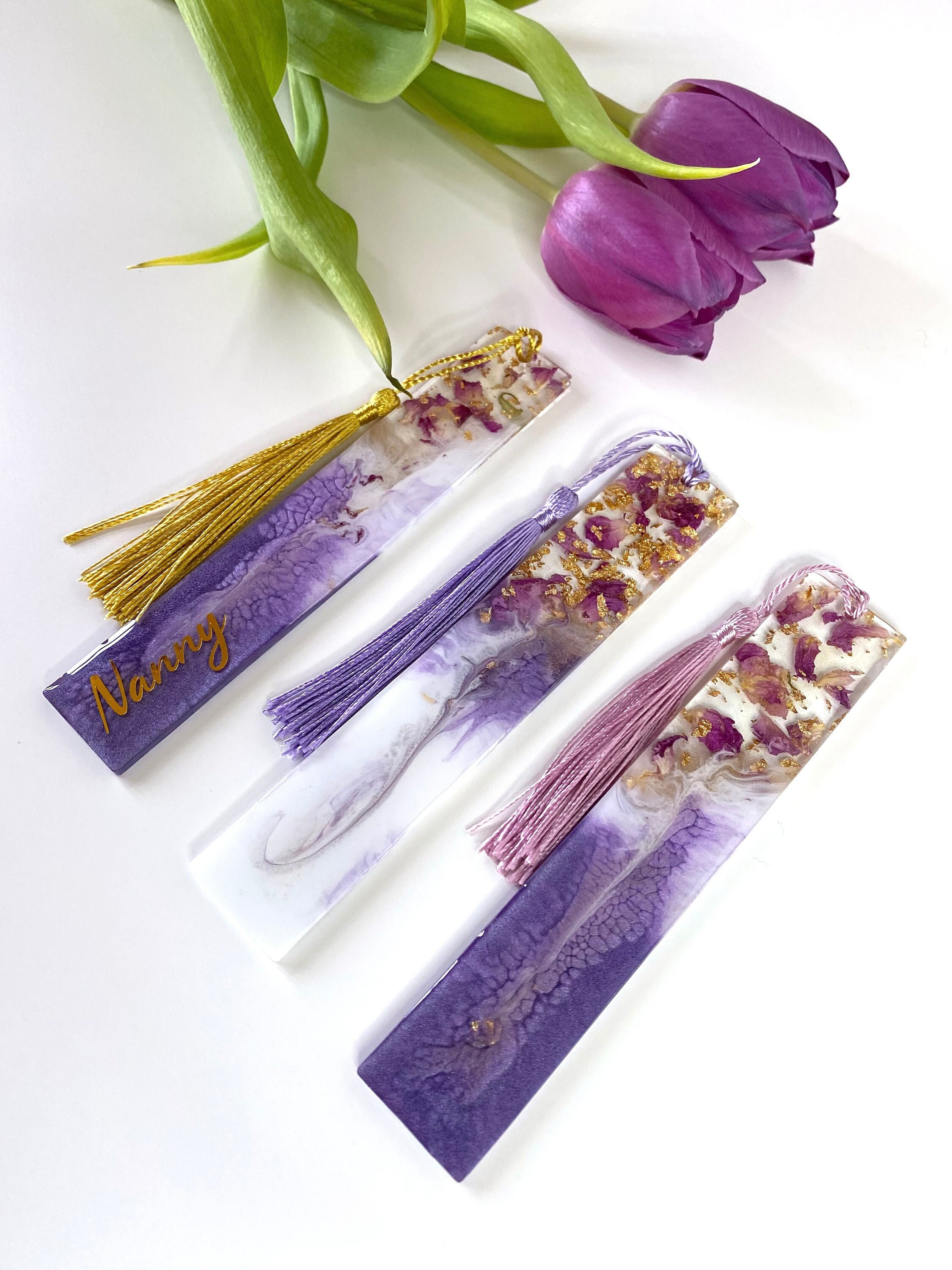 Purple Resin Bookmark With Dried Rose Flowers and Gold Leaf ...