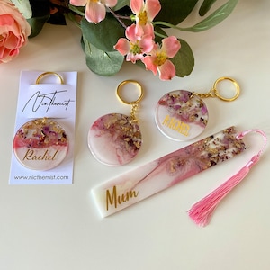 Pink Resin Keyring With Dried Flowers, Personalised Keyring, Custom ...