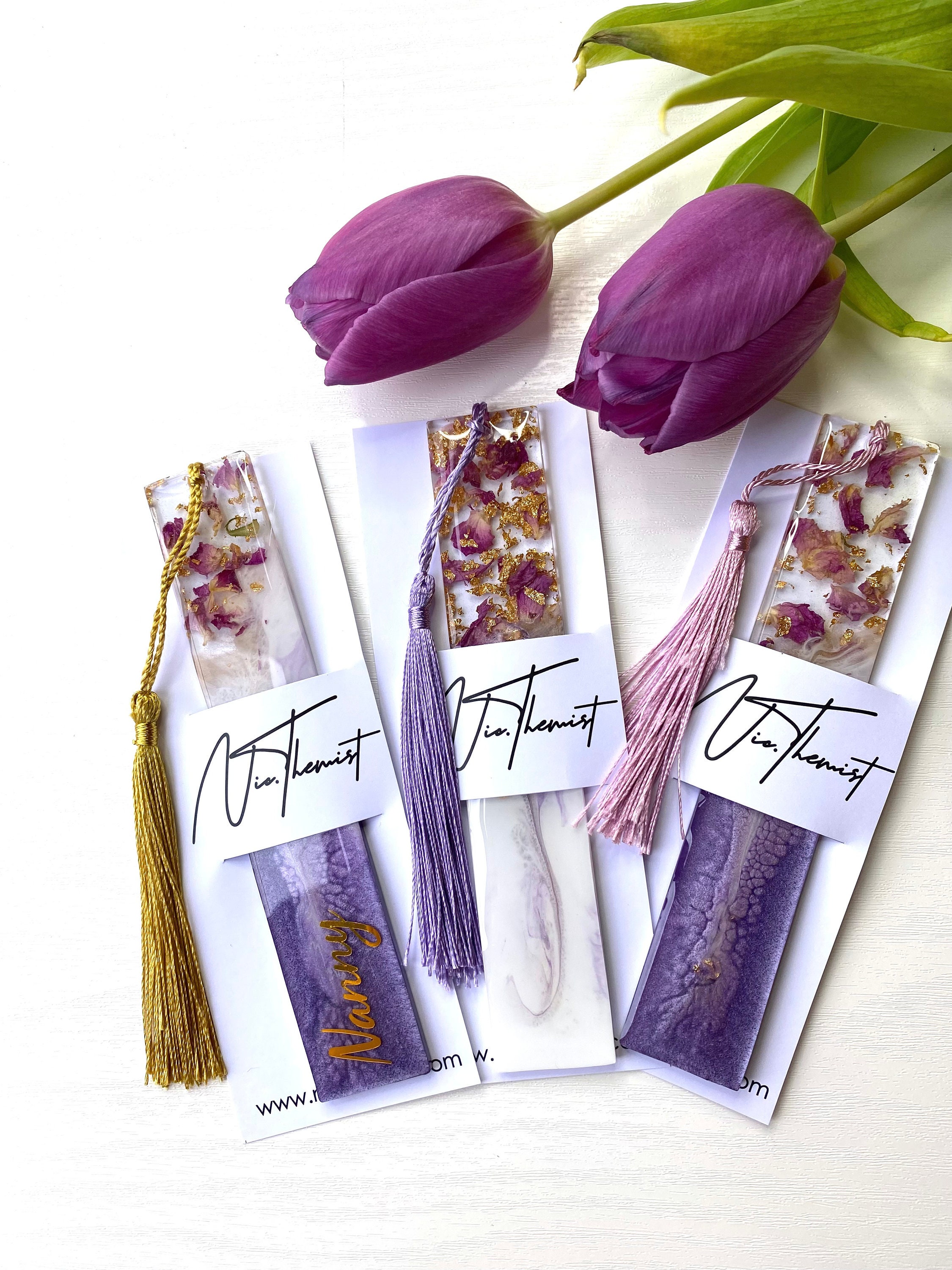 Purple Resin Bookmark With Dried Rose Flowers and Gold Leaf ...
