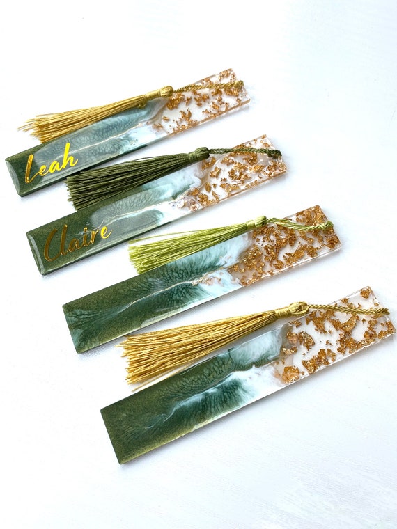 Green Resin Bookmark With Gold Leaf Personalised Bookmark - Etsy UK