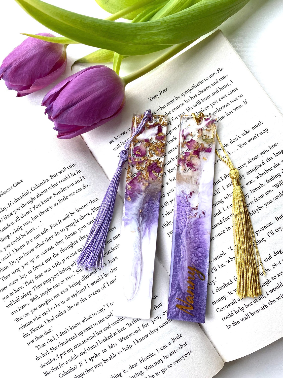 Purple Resin Bookmark With Dried Rose Flowers and Gold Leaf ...