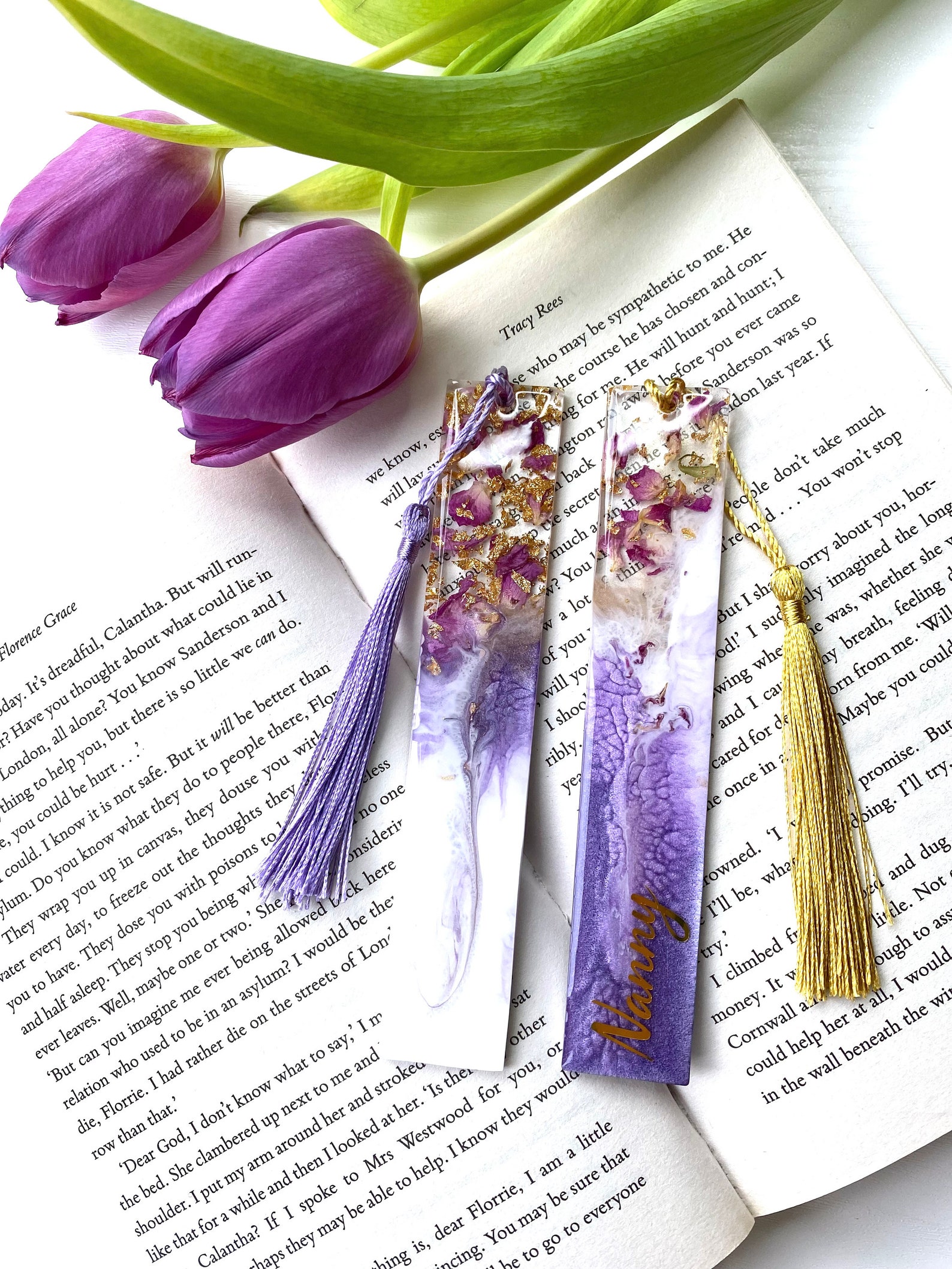 Purple Resin Bookmark With Dried Rose Flowers and Gold Leaf ...