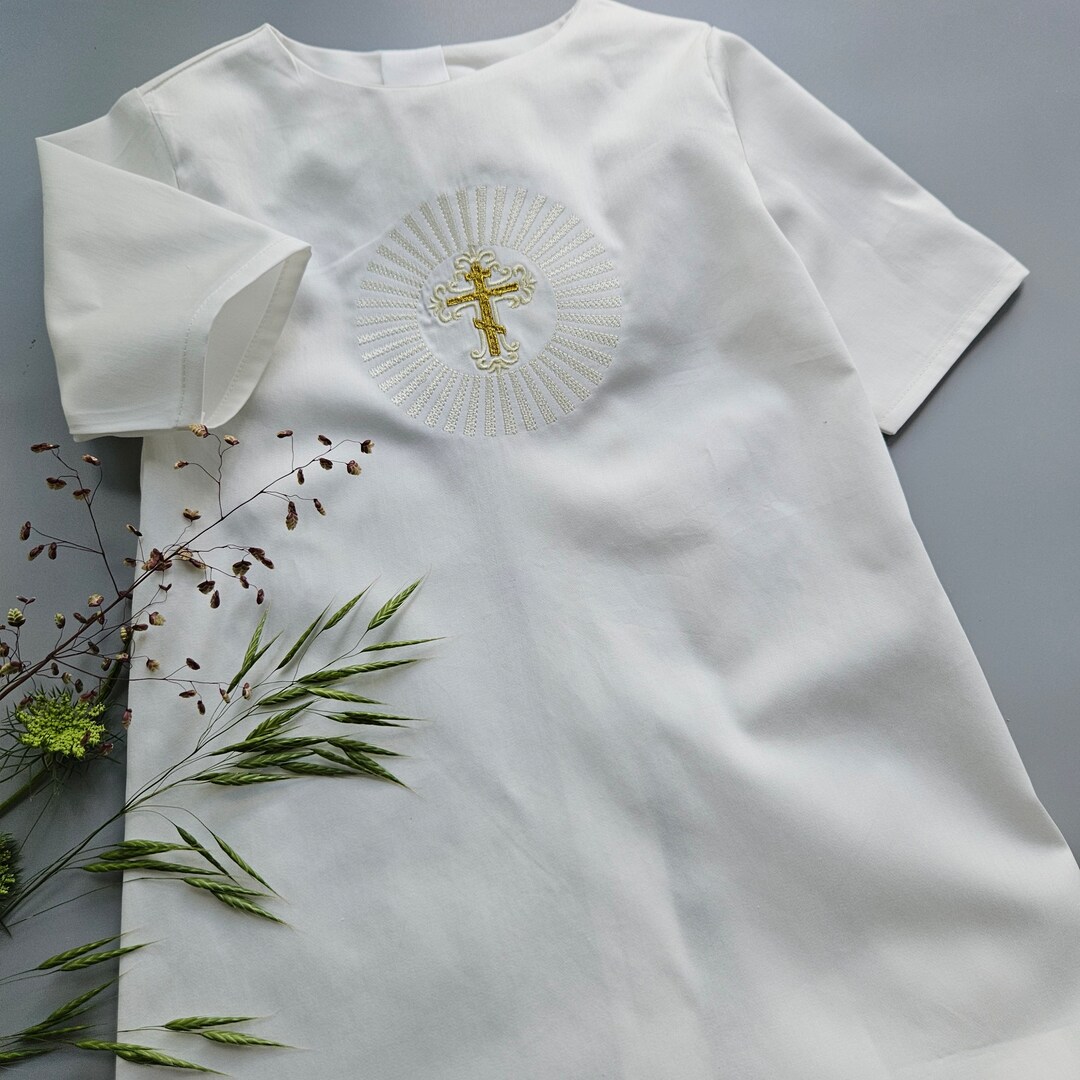 Ivory Baptism Gown: Cotton Christening Dress With Cross Embroidery ...