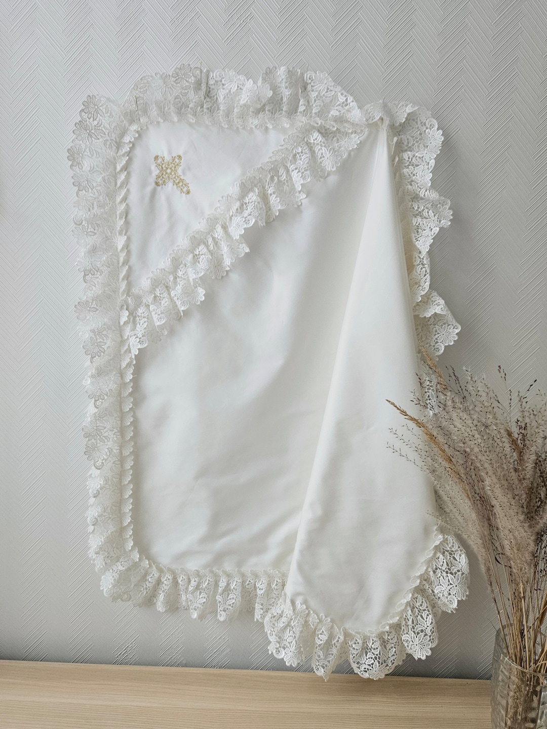 Baptism Lace Blanket Ivory Christening Personalized Golden Cross ...