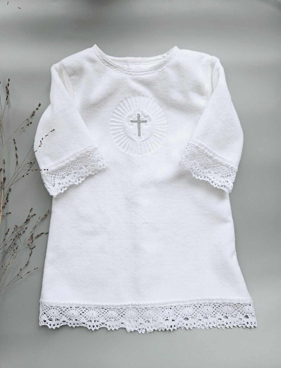 Warm Baptims Baby Gown Silver Catholic Cross Embroidery Soft Terry ...