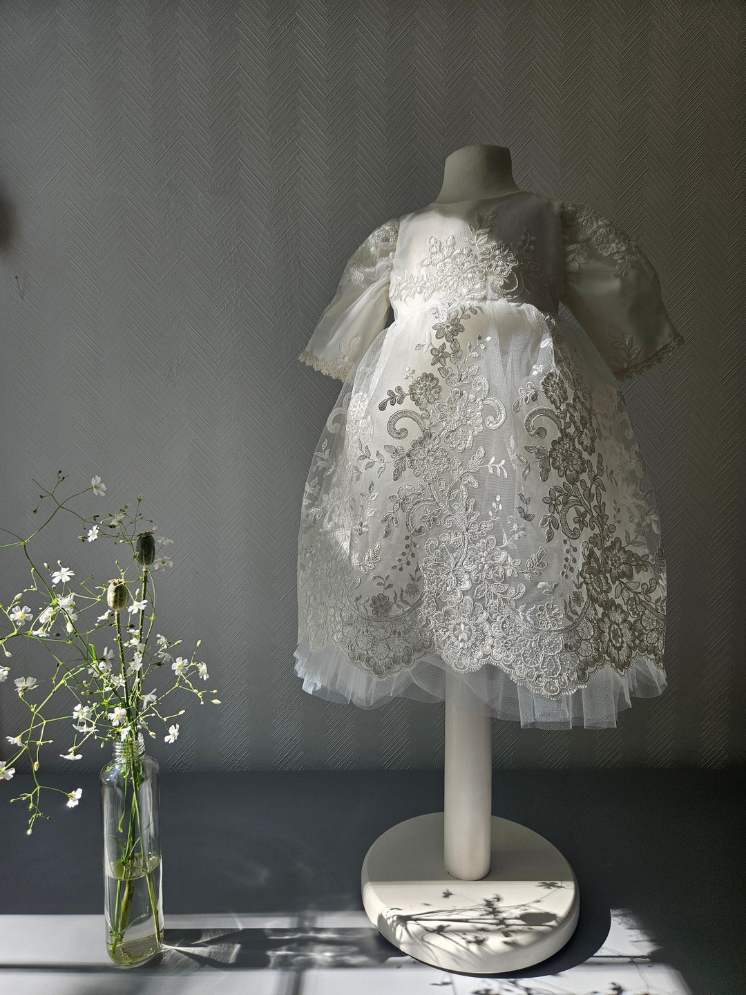 Baby Girl Gown Baptism Dedication Dress Set Guipure Blessing Ivory Baby ...