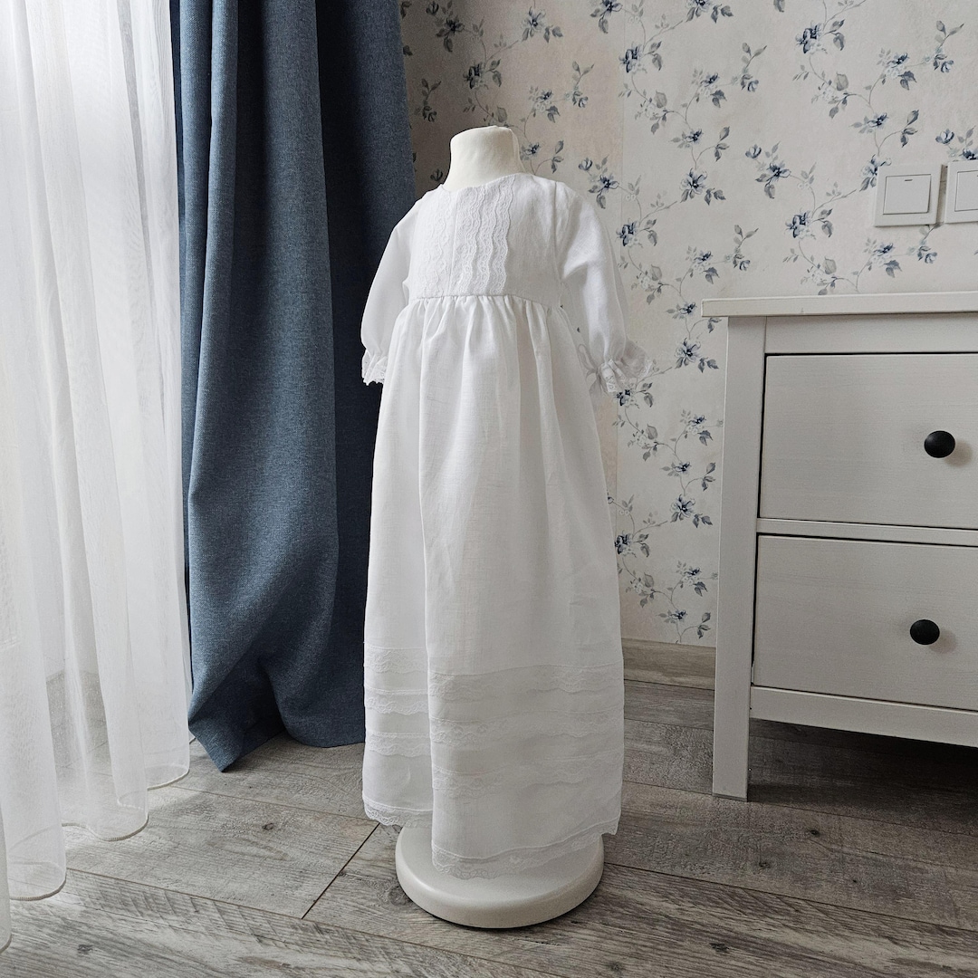 Long Baby Girl Linen Baptism Gown Christening Outfit Dedication Set ...