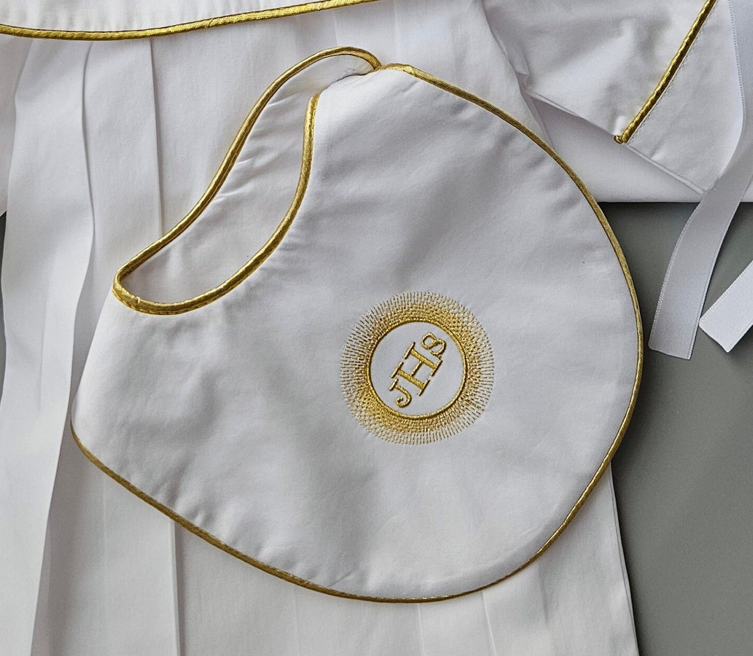 Communion & Baptism Bib With Gold Embroidery, White Cotton Satin ...