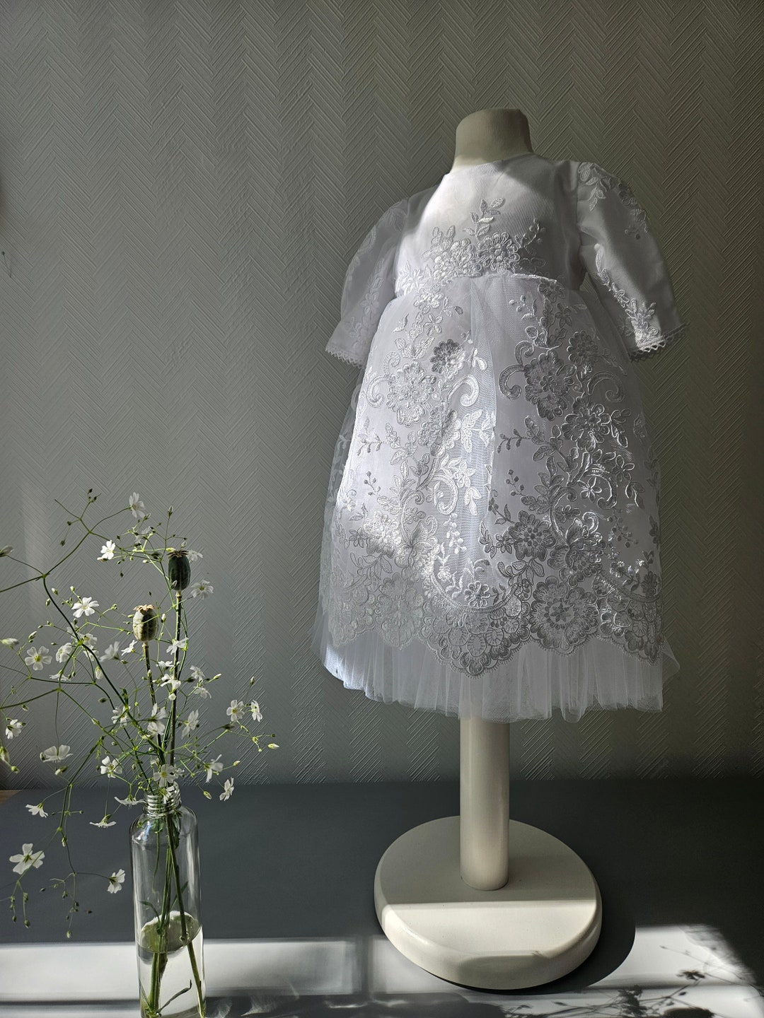 Baby Girl Gown Baptism Dedication Dress Set Guipure Blessing White Baby ...