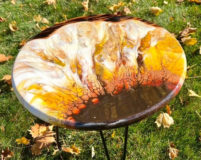 18" Burned Round Wood Epoxy Resin Coffee Table, Sunflower Accent ...
