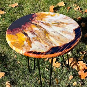 18" Burned Round Wood Epoxy Resin Coffee Table, Sunflower Accent ...