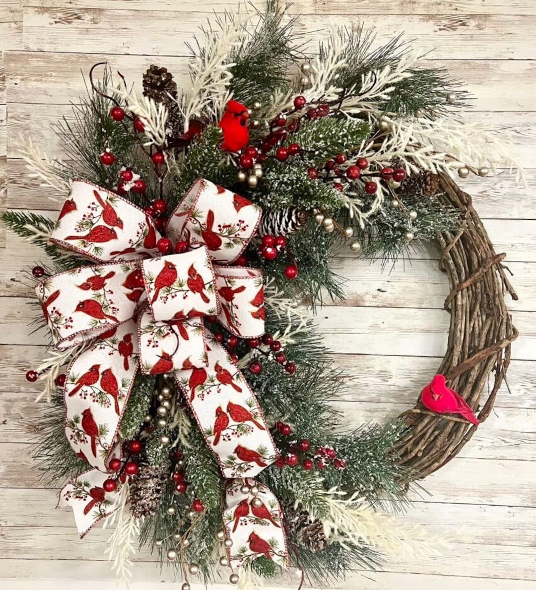 24 Cardinal Wreath for Front Door, Holiday Door Hanger, Farmhouse Berry ...