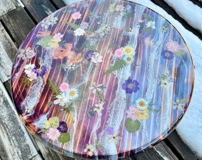18" Real Pressed Flower Burned Wood Round Epoxy Resin Coffee Table ...