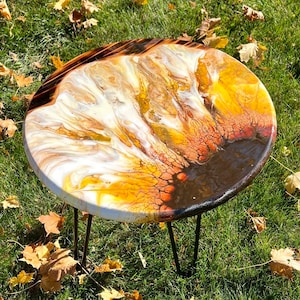 18" Burned Round Wood Epoxy Resin Coffee Table, Sunflower Accent ...