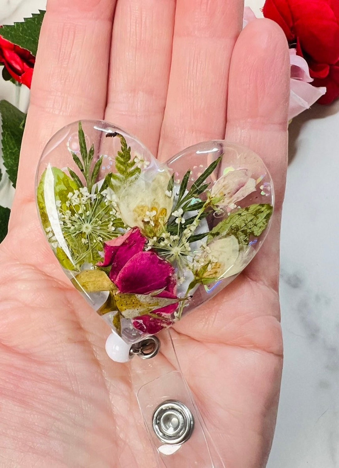 Floral Resin Retractable Badge Reel, Pretty Rose Flower Badge Buddy ...