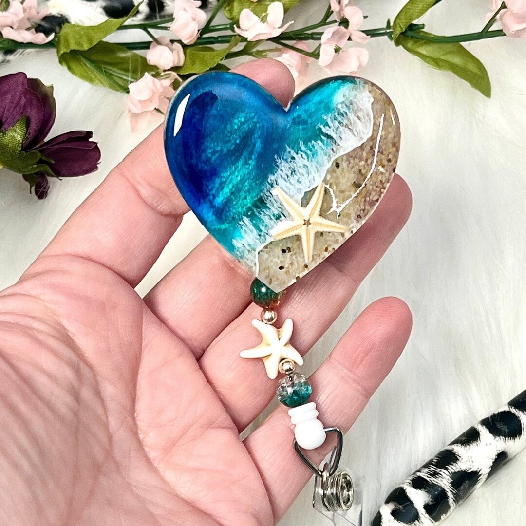 Ocean Badge Reel, Beach Retractable Beaded Badge Buddy, Cute Summer ID ...