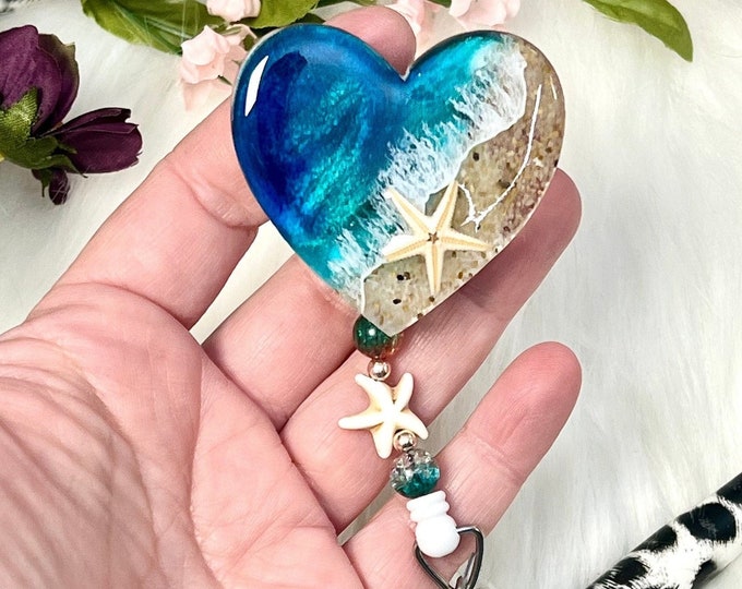 Ocean Badge Reel, Beach Retractable Beaded Badge Buddy, Cute Summer ID ...