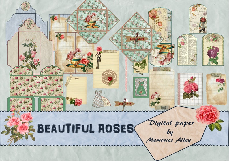 Vintage Roses, Printable Junk Journal, Scrapbooking Kit, Vintage ...