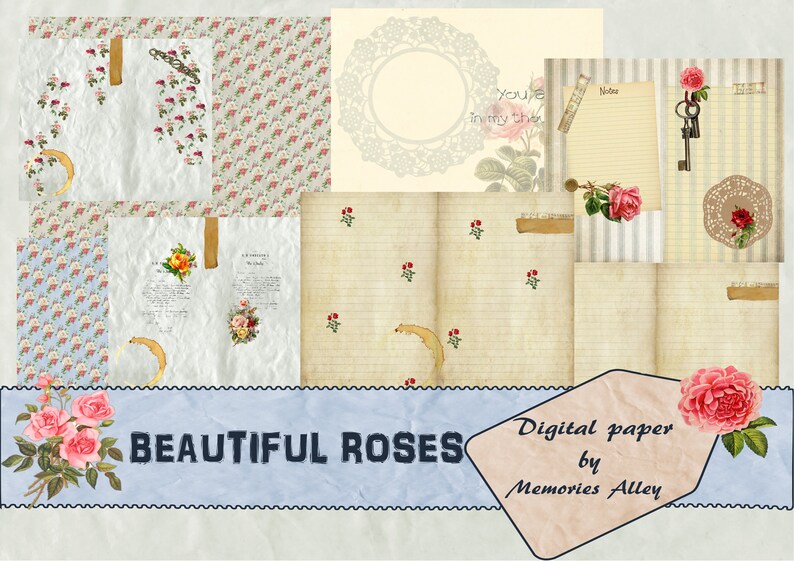 Vintage Roses, Printable Junk Journal, Scrapbooking Kit, Vintage ...