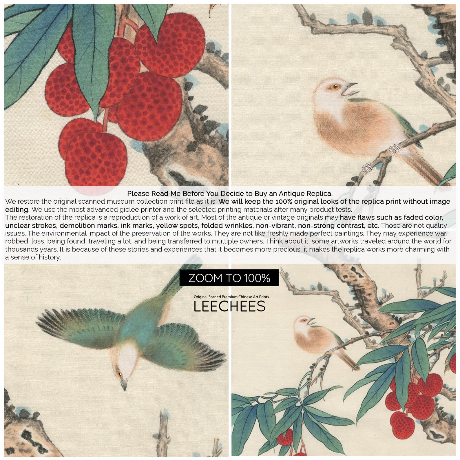Lychee and Little Blue Birds, Chinese Traditional Gongbi Painting, Bird ...
