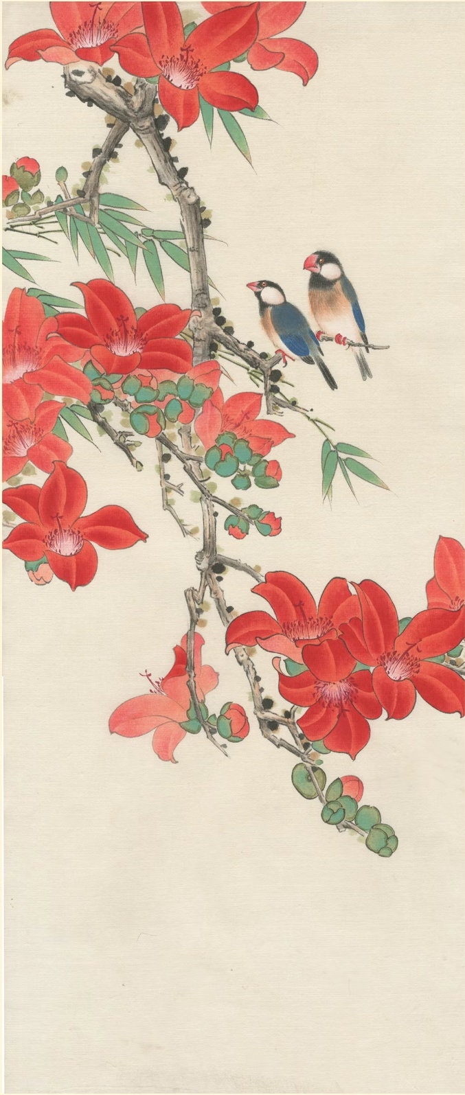 Red Azalea Blossoms and Little Blue Birds, Chinese Traditional Gongbi ...