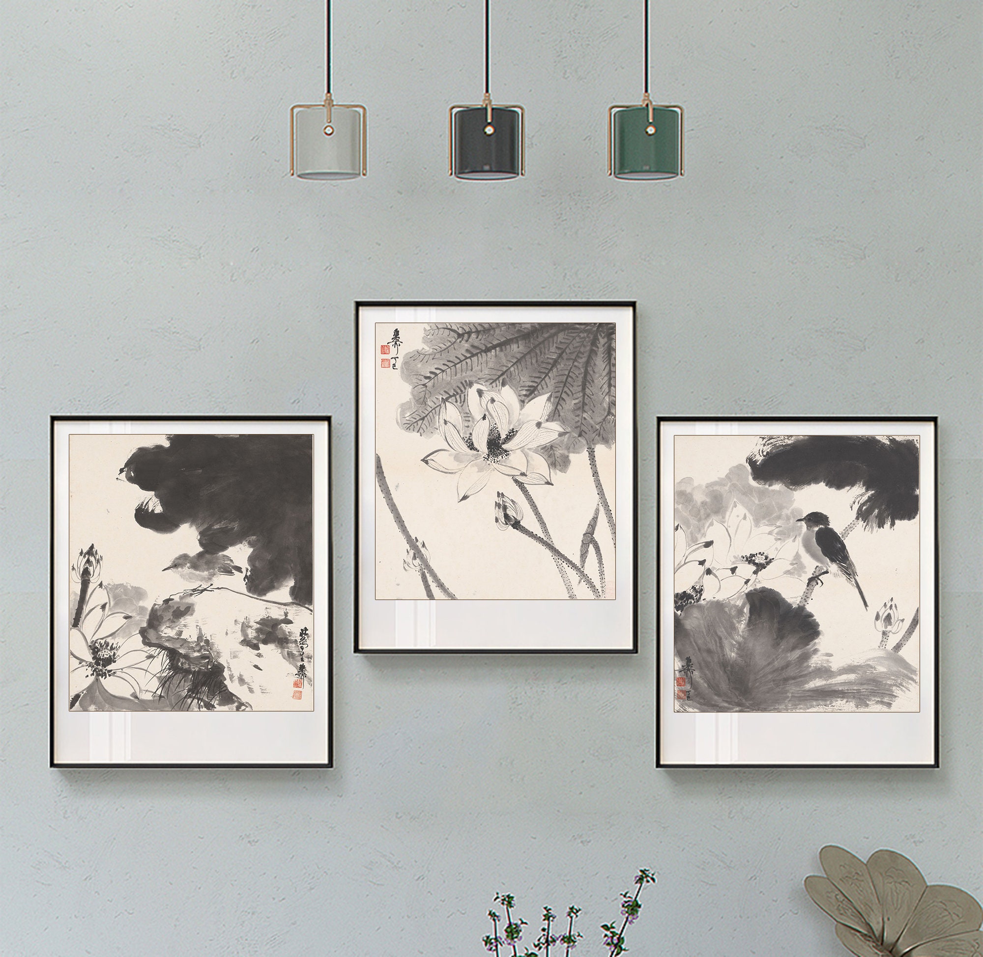Shuimo Lotus Art, Combination Wall Art, Ink Wash Lotus Brush Painting ...