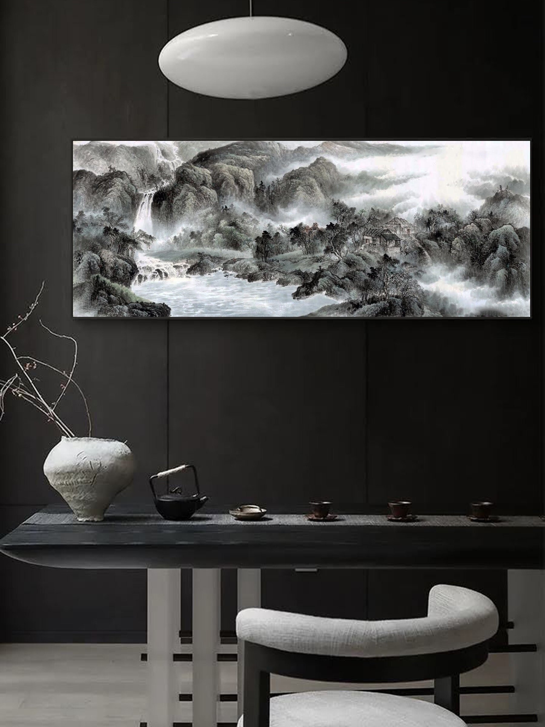Black and White Mountain Painting, Misty Mountain Landscape Art ...