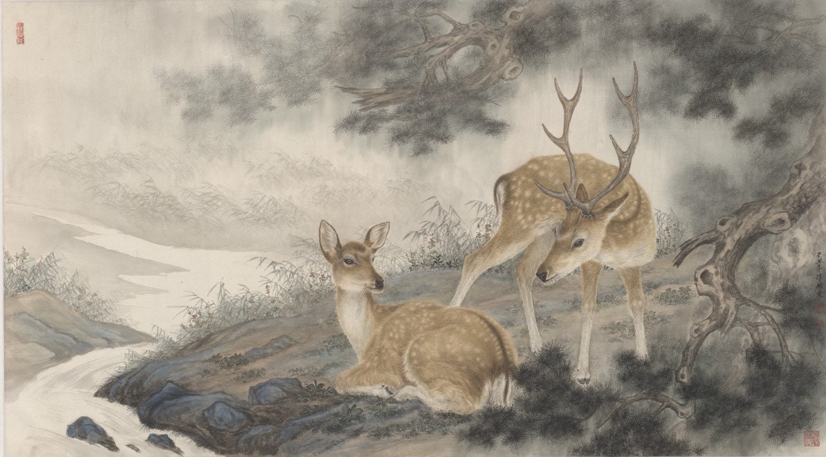 Sika Deer Silk Print, Fine Brush Chinese Deer Painting, Animal Brush ...
