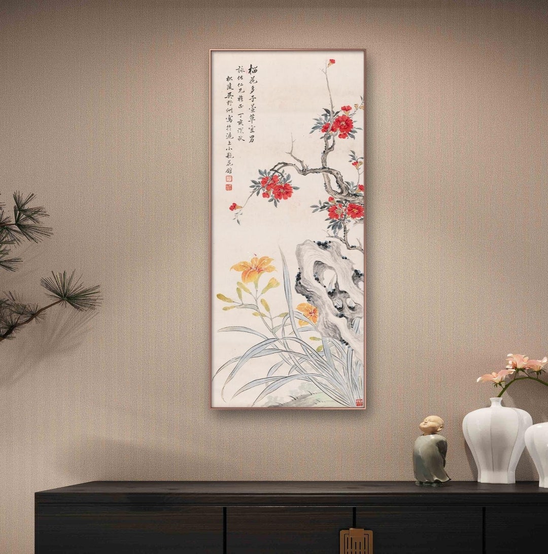 Pomegranate Flower and Orange Day-lily, Boneless Style Chinese Botanic ...
